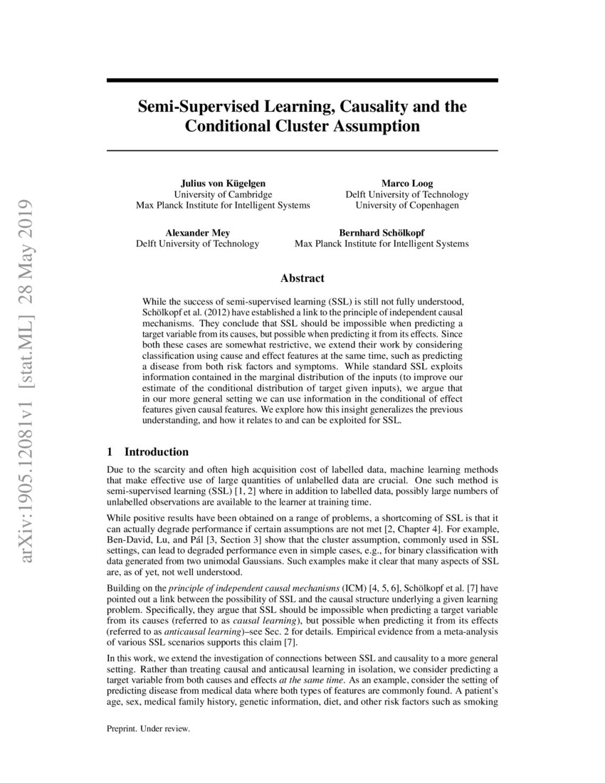 Semi-Supervised Learning, Causality and the Conditional Cluster Assumption | DeepAI