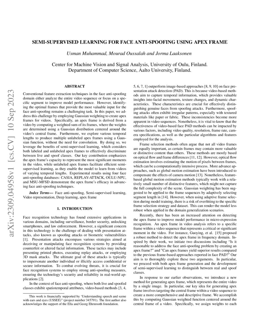 Semi-Supervised learning for Face Anti-Spoofing using Apex frame | DeepAI