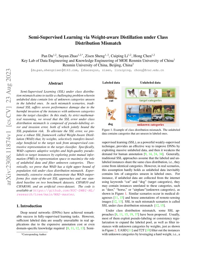 Semi-Supervised Learning via Weight-aware Distillation under Class Distribution Mismatch | DeepAI