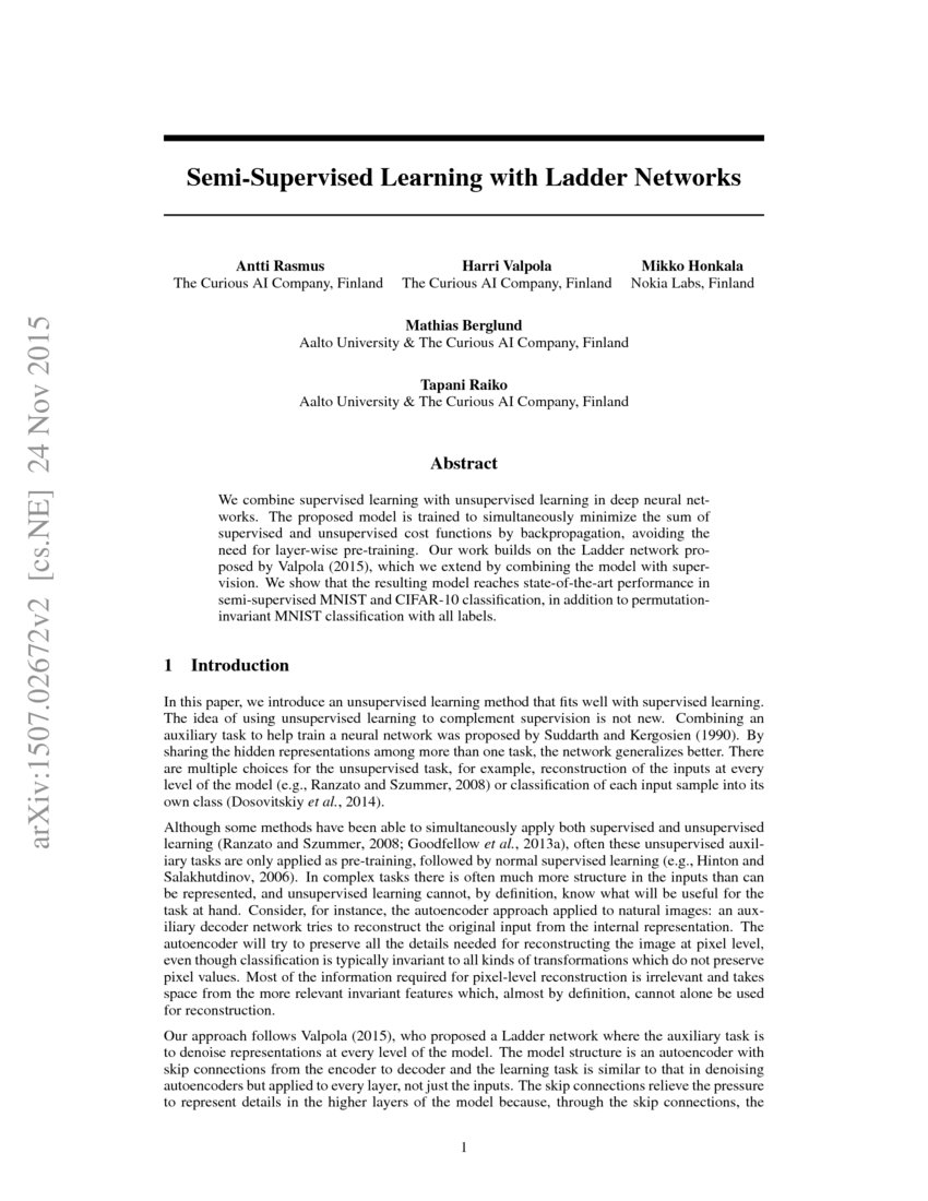 Semi-Supervised Learning with Ladder Networks | DeepAI