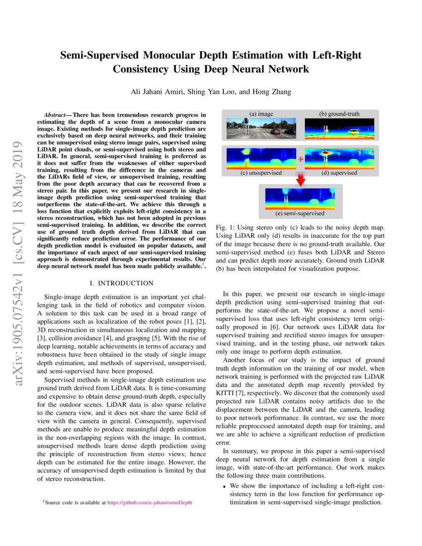 Semi Supervised Monocular Depth Estimation With Left Right Consistency Using Deep Neural Network