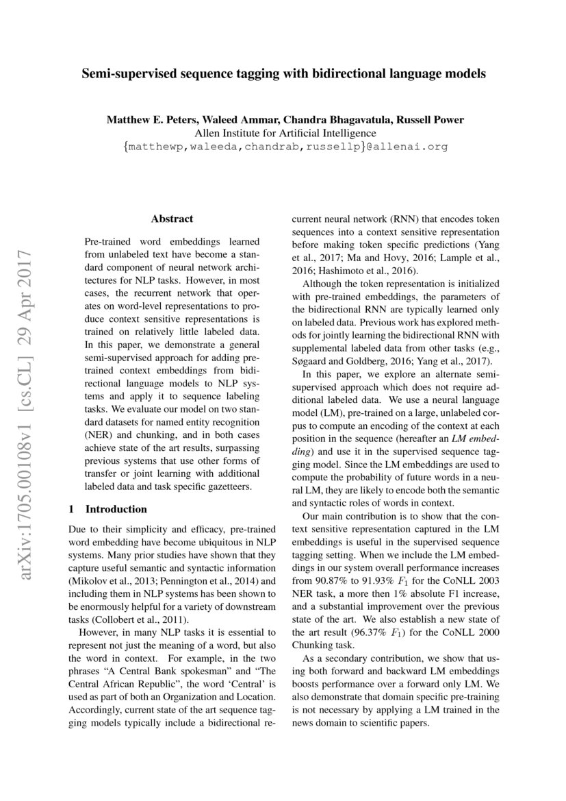 Semi-supervised sequence tagging with bidirectional language models | DeepAI