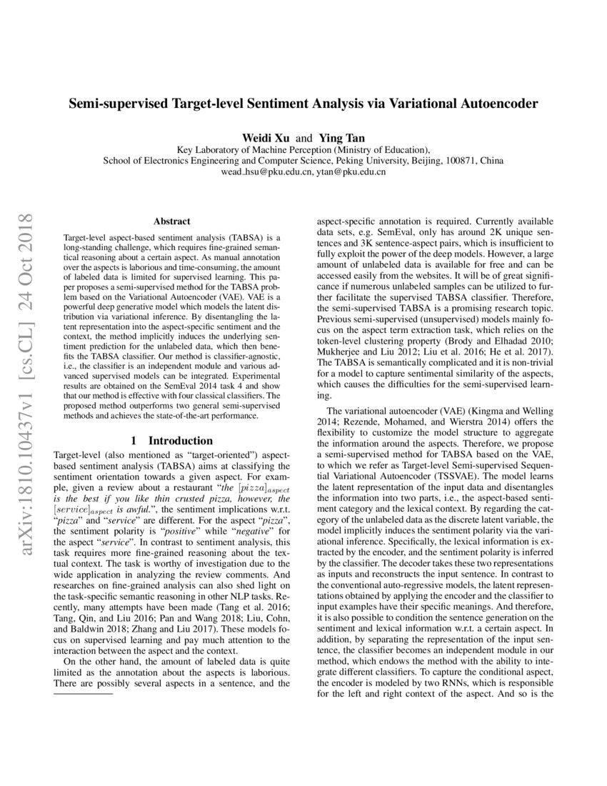 Semi Supervised Target Level Sentiment Analysis Via Variational Autoencoder Deepai