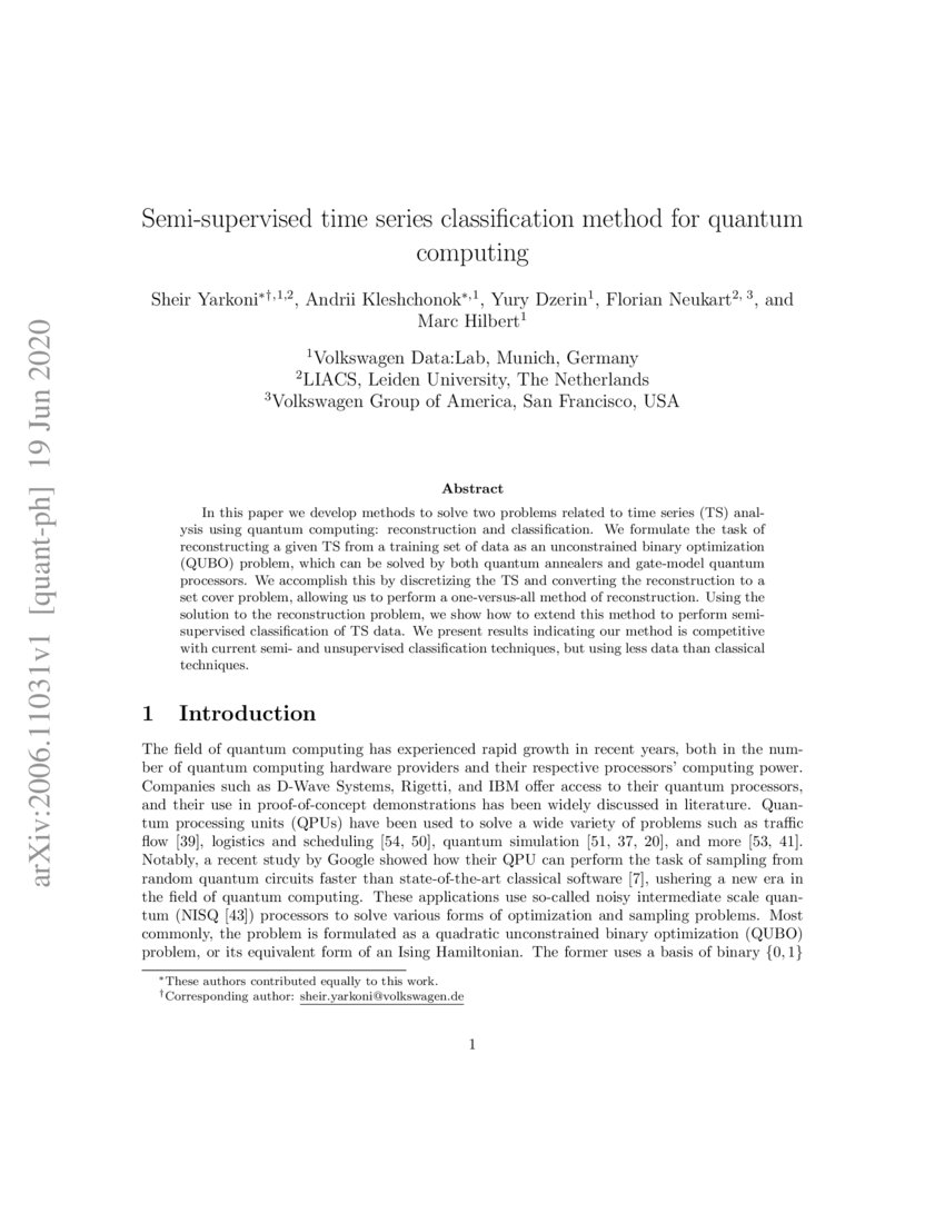 Semi Supervised Time Series Classification Method For Quantum Computing