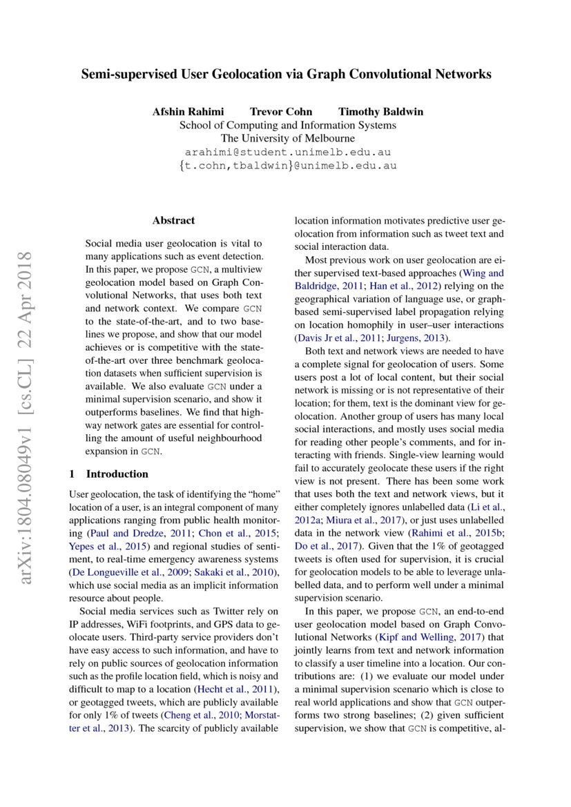 Semi-supervised User Geolocation via Graph Convolutional Networks | DeepAI