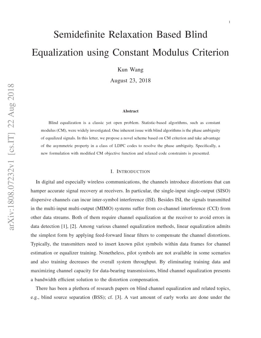 Semidefinite Relaxation Based Blind Equalization Using Constant Modulus Criterion Deepai