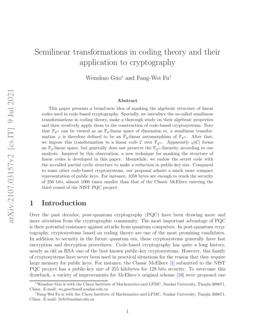 Semilinear Transformations In Coding Theory And Their Application To Cryptography Deepai