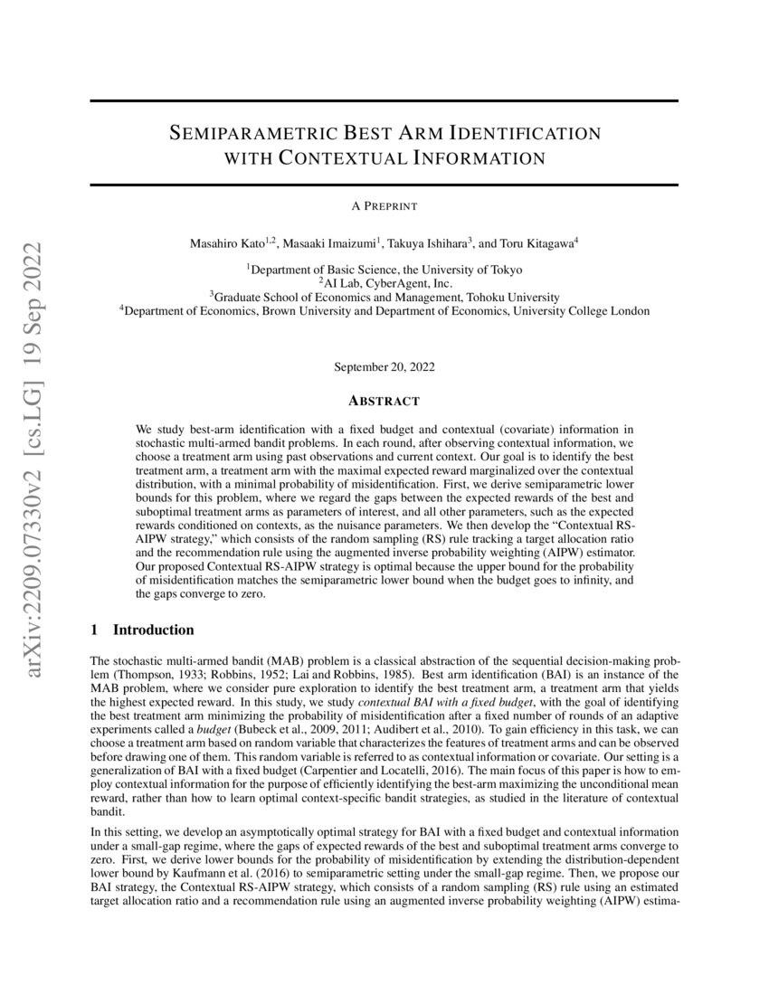 Semiparametric Best Arm Identification with Contextual Information | DeepAI
