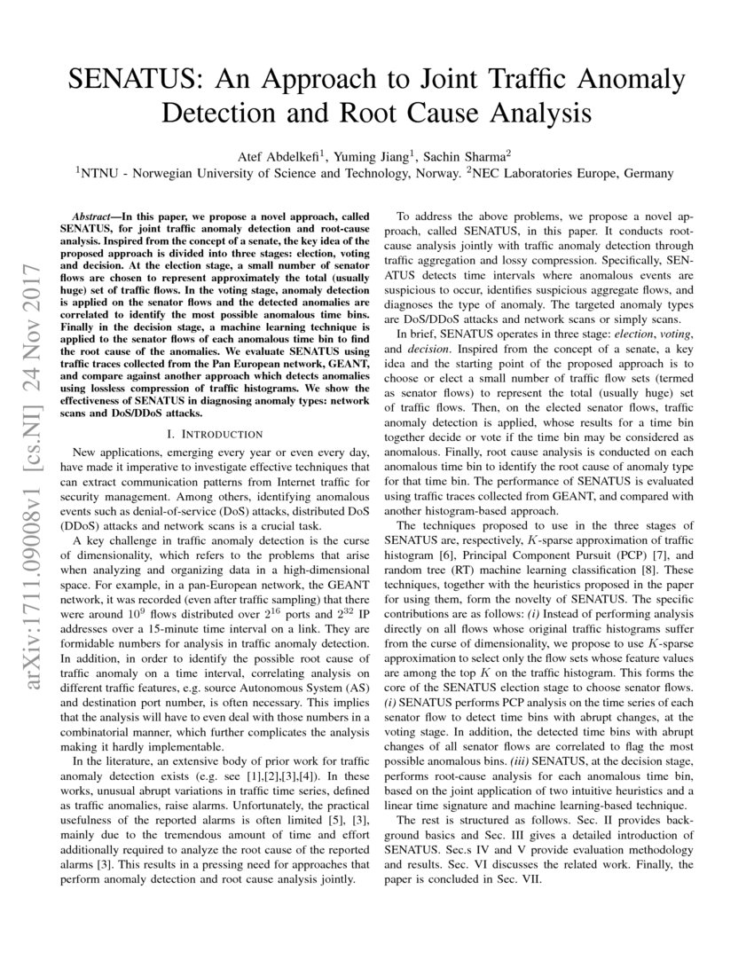 Senatus An Approach To Joint Traffic Anomaly Detection And Root Cause