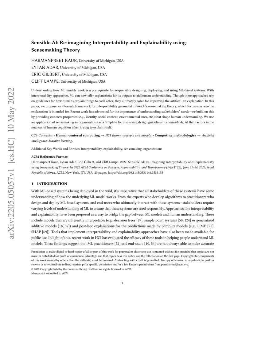 Sensible AI: Re-imagining Interpretability and Explainability using Sensemaking Theory | DeepAI
