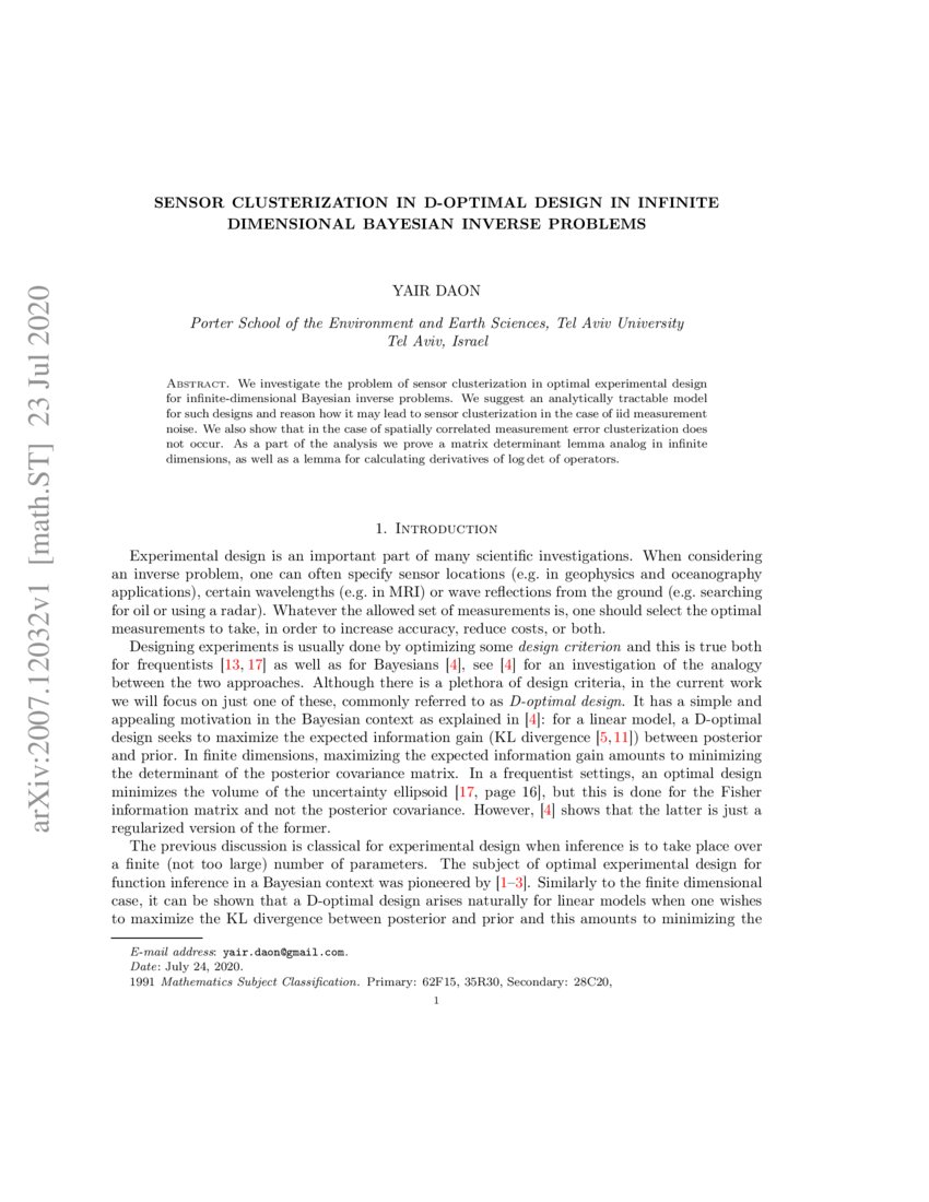 Sensor Clusterization In D Optimal Design In Infinite Dimensional Bayesian Inverse Problems Deepai 1665