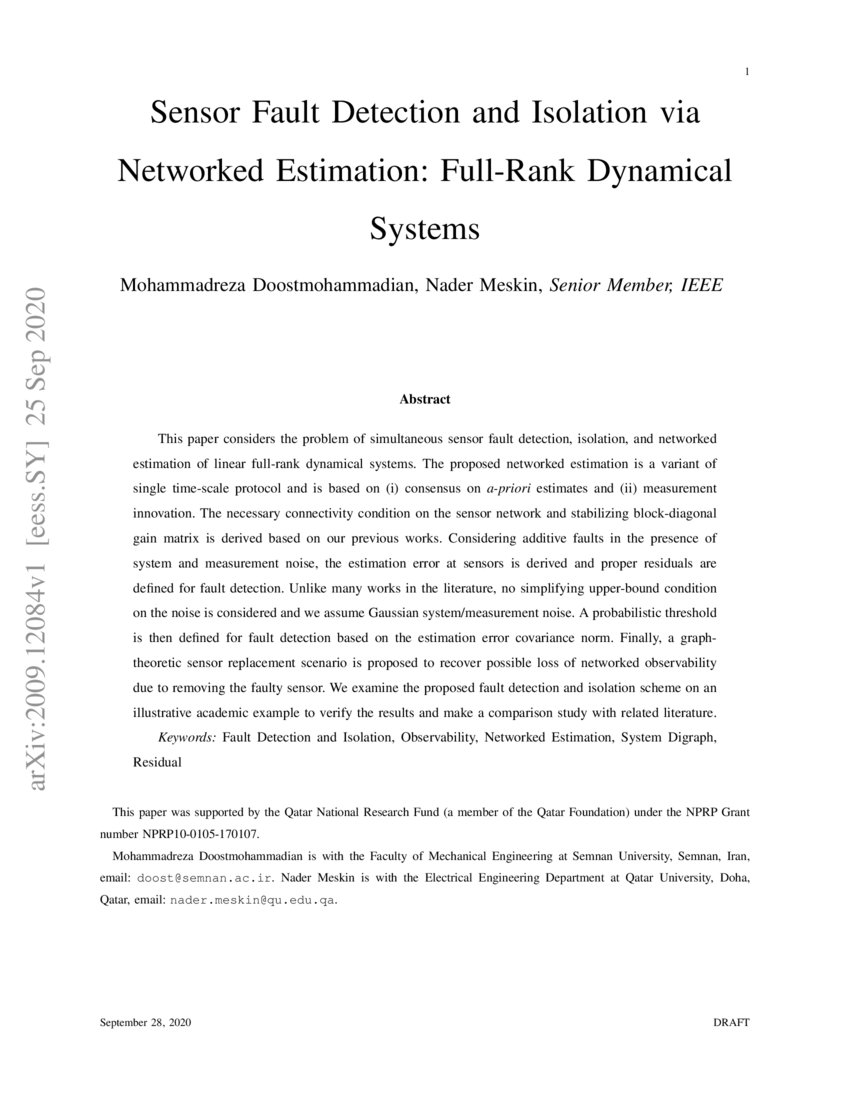 Sensor Fault Detection And Isolation Via Networked Estimation Full Rank Dynamical Systems Deepai