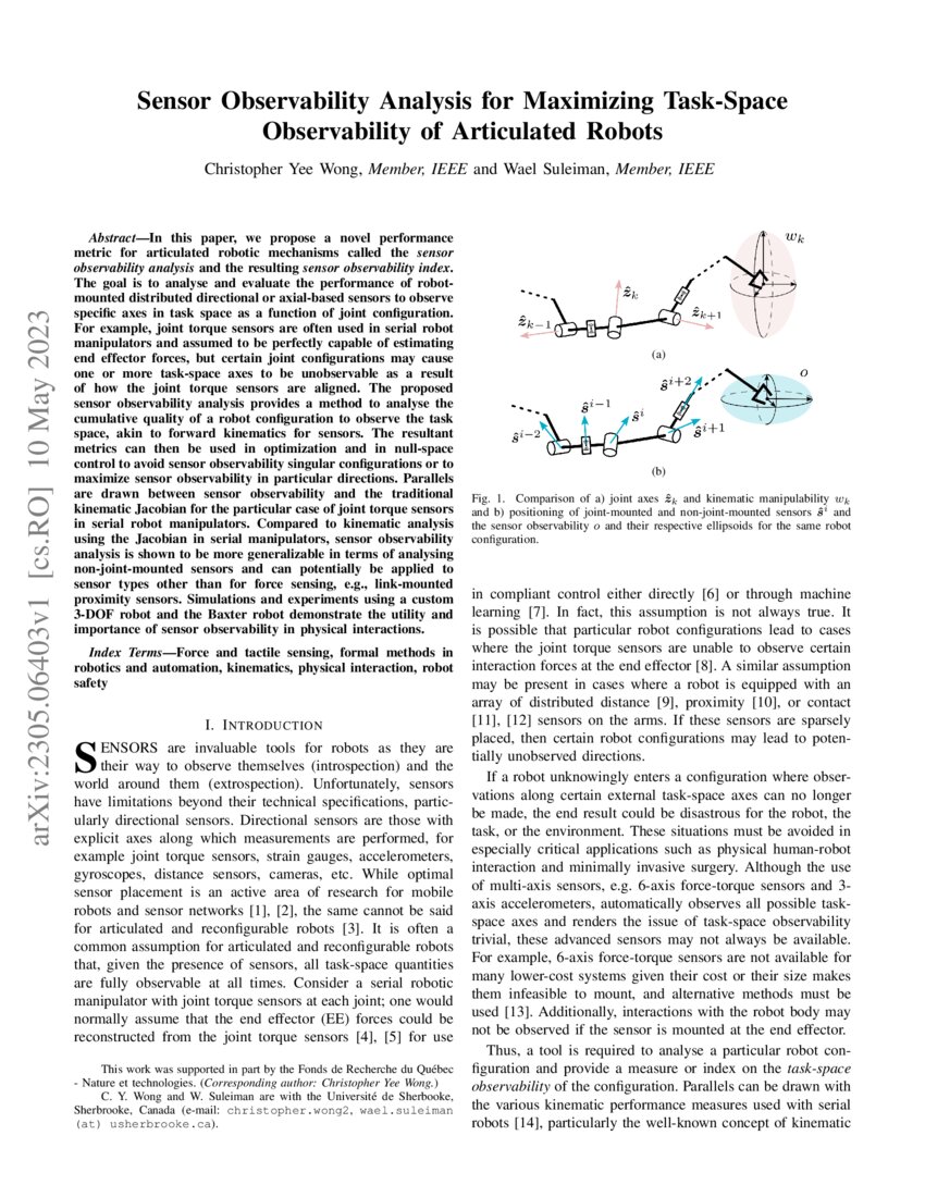 Sensor Observability Analysis for Maximizing Task-Space Observability of Articulated Robots | DeepAI