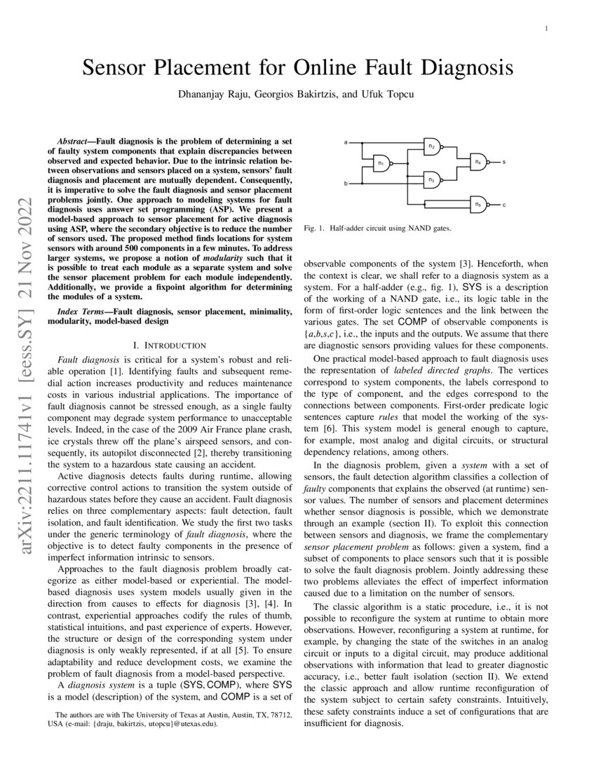 Sensor Placement for Online Fault Diagnosis | DeepAI