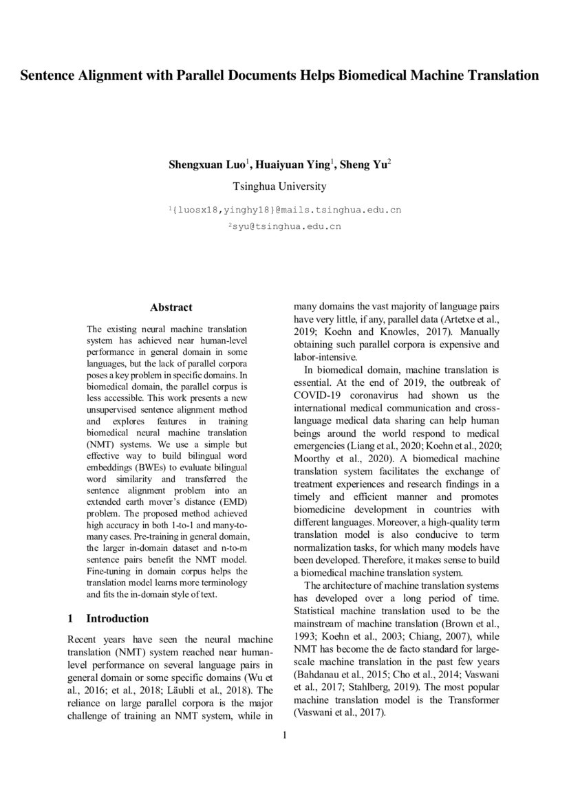 Sentence Alignment with Parallel Documents Helps Biomedical Machine ...