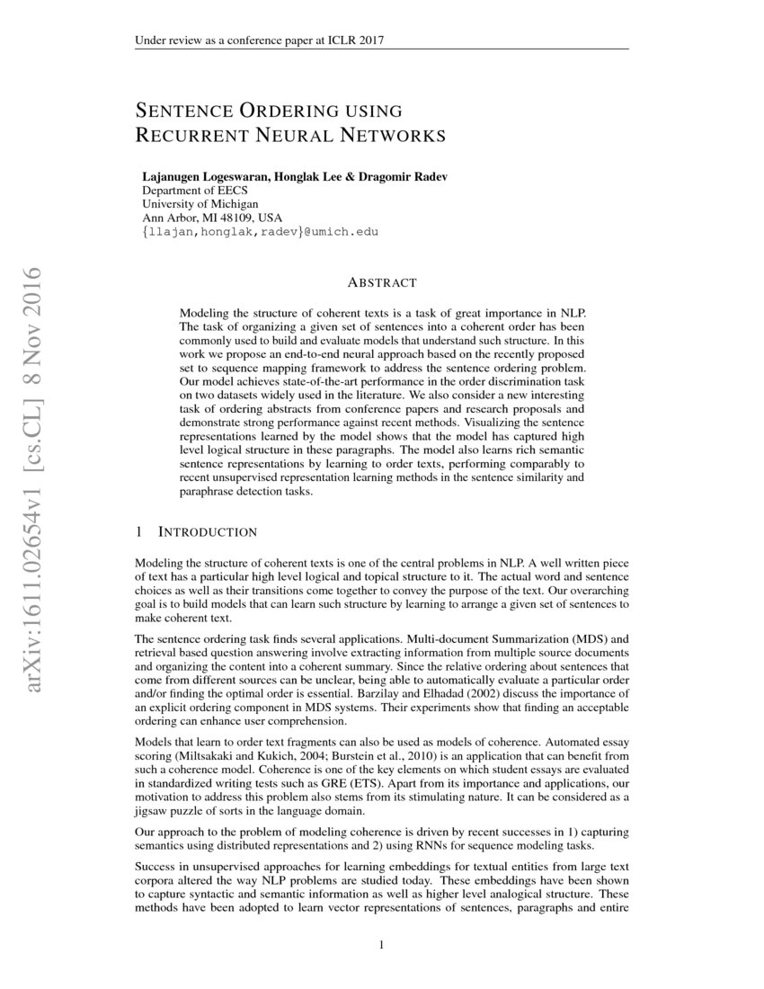 Sentence Ordering And Coherence Modeling Using Recurrent Neural Networks Deepai
