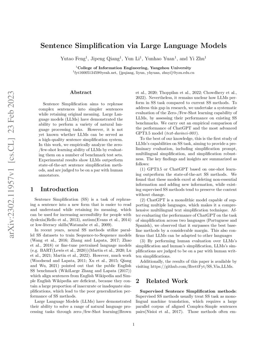 Sentence Simplification Via Large Language Models Deepai