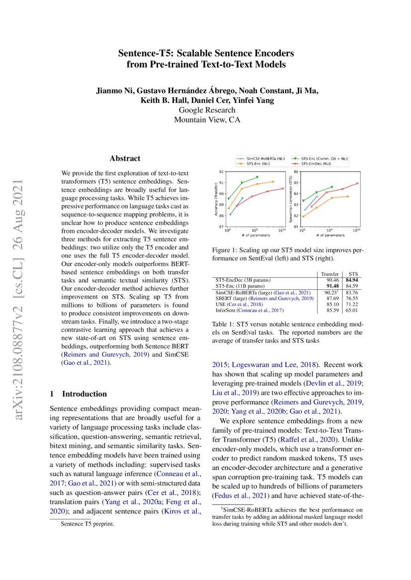 Sentence-T5: Scalable Sentence Encoders from Pre-trained Text-to-Text ... Sentence-T5: Scalable Sentence Encoders from Pre-trained Text-to-Text ...