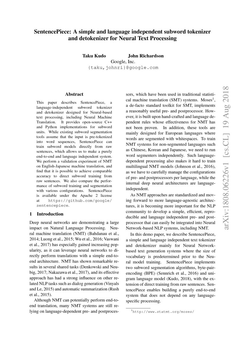 SentencePiece: A simple and language independent subword tokenizer and detokenizer for Neural ...