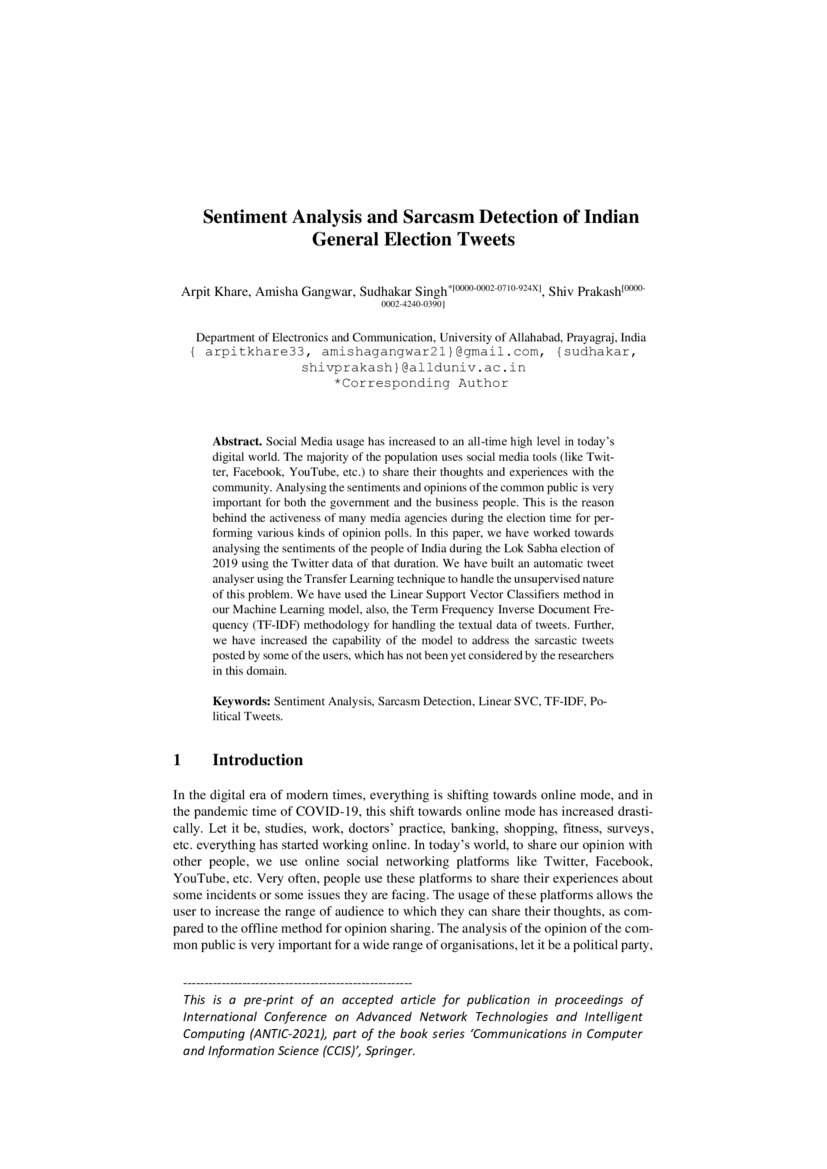 Sentiment Analysis And Sarcasm Detection Of Indian General Election