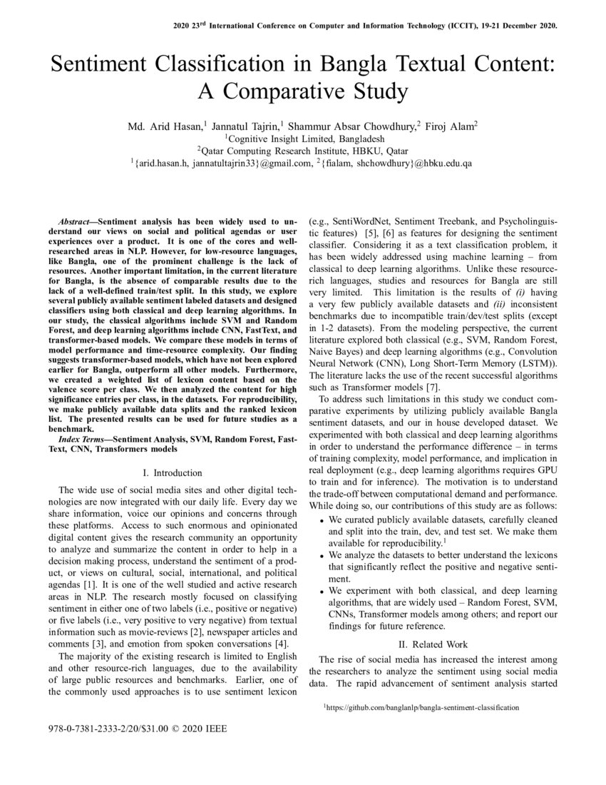 Sentiment Classification in Bangla Textual Content: A Comparative Study | DeepAI
