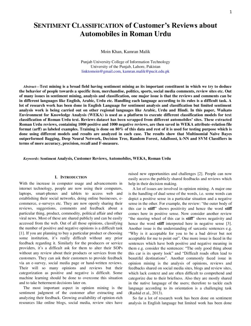 Sentiment Classification Of Customer Reviews About Automobiles In Roman Urdu Deepai