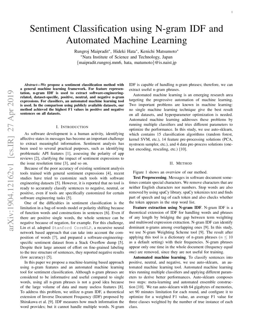Sentiment Classification Using N Gram Idf And Automated Machine Learning Deepai