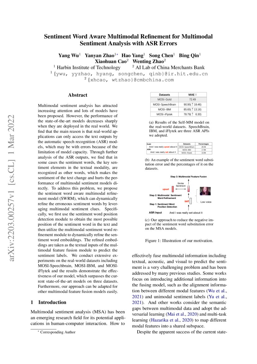 Sentiment Word Aware Multimodal Refinement For Multimodal Sentiment Analysis With Asr Errors 