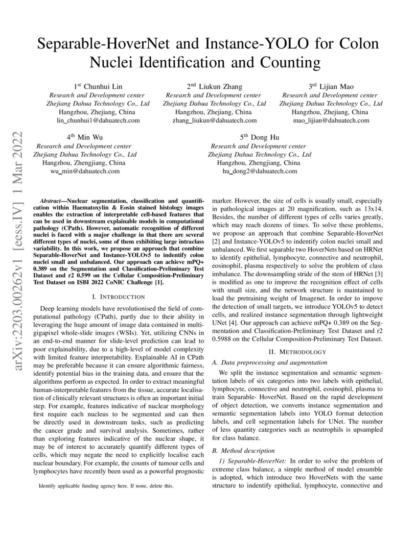 Separable Hovernet And Instance Yolo For Colon Nuclei Identification And Counting Deepai 