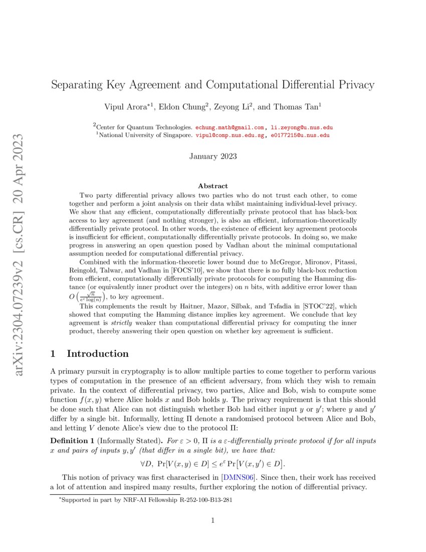 Separating Key Agreement And Computational Differential Privacy Deepai