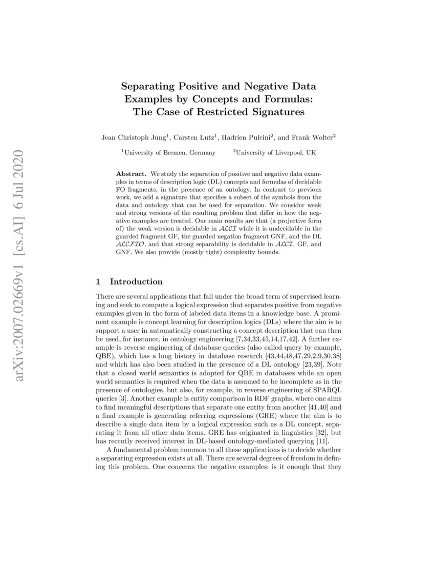 Separating Positive and Negative Data Examples by Concepts and Formulas ...