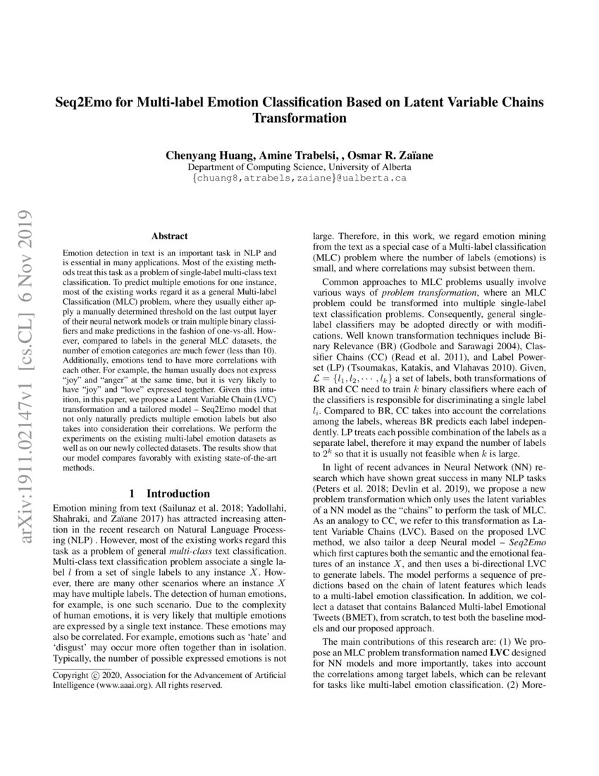 Seq2emo For Multi Label Emotion Classification Based On Latent Variable