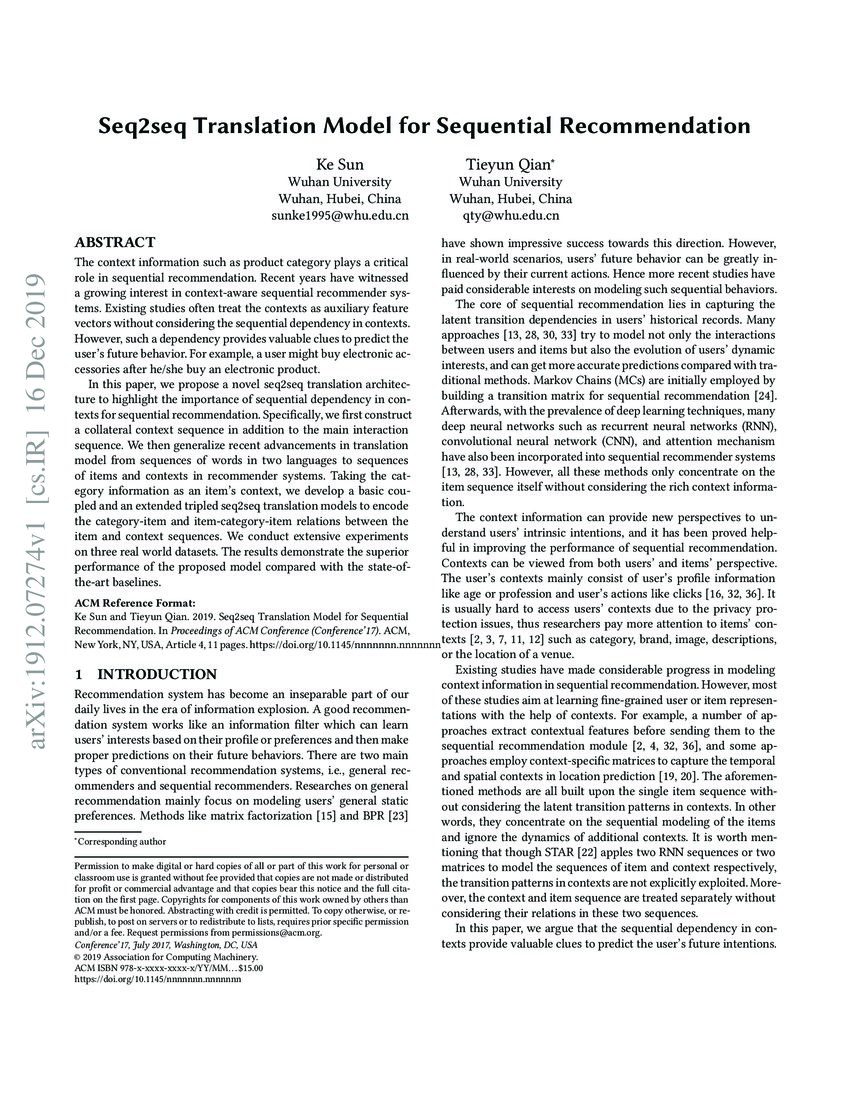 Seq2seq Translation Model for Sequential Recommendation | DeepAI