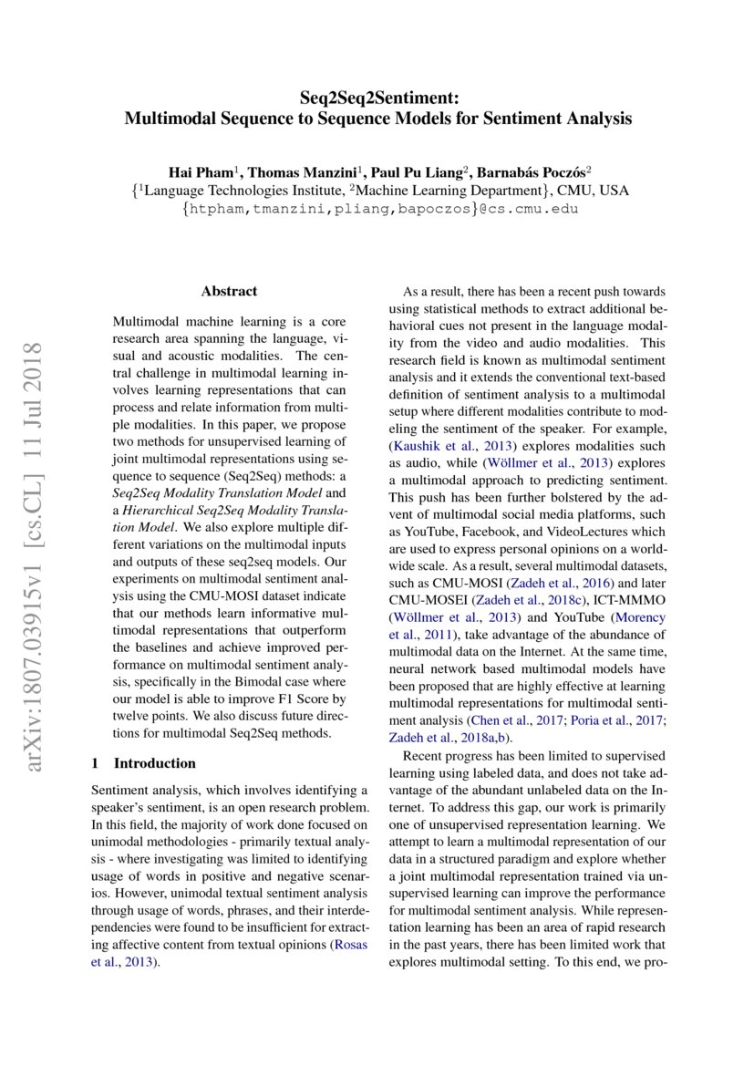 Seq2seq2sentiment Multimodal Sequence To Sequence Models For Sentiment Analysis Deepai 
