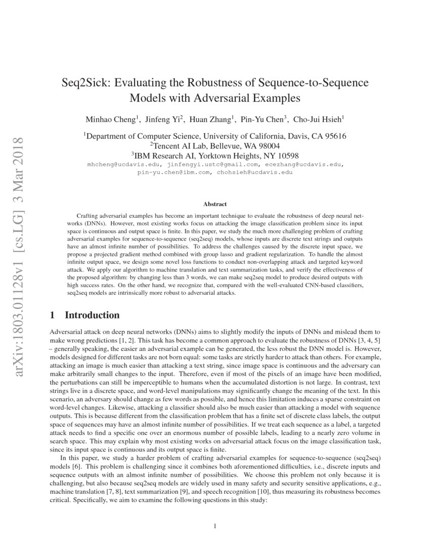 Seq2Sick: Evaluating the Robustness of Sequence-to-Sequence Models with Adversarial Examples ...