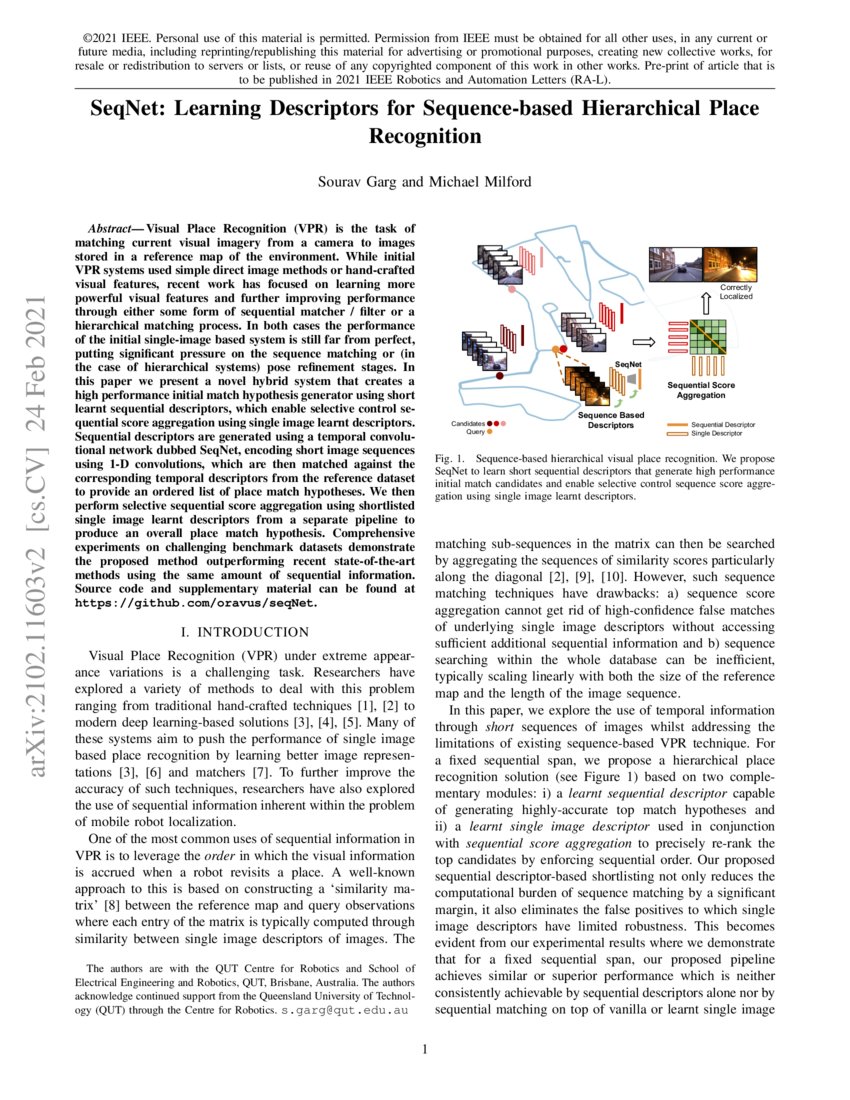 SeqNet: Learning Descriptors for Sequence-based Hierarchical Place Recognition | DeepAI