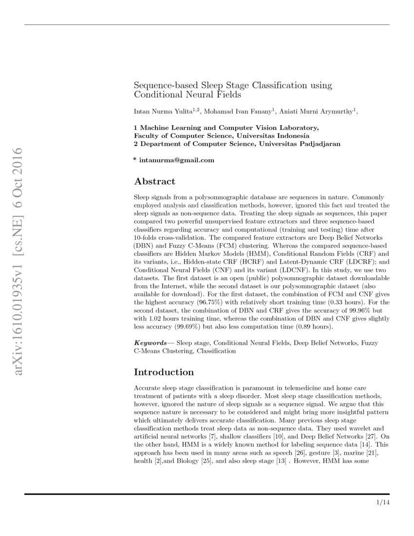 Sequence Based Sleep Stage Classification Using Conditional Neural Fields Deepai