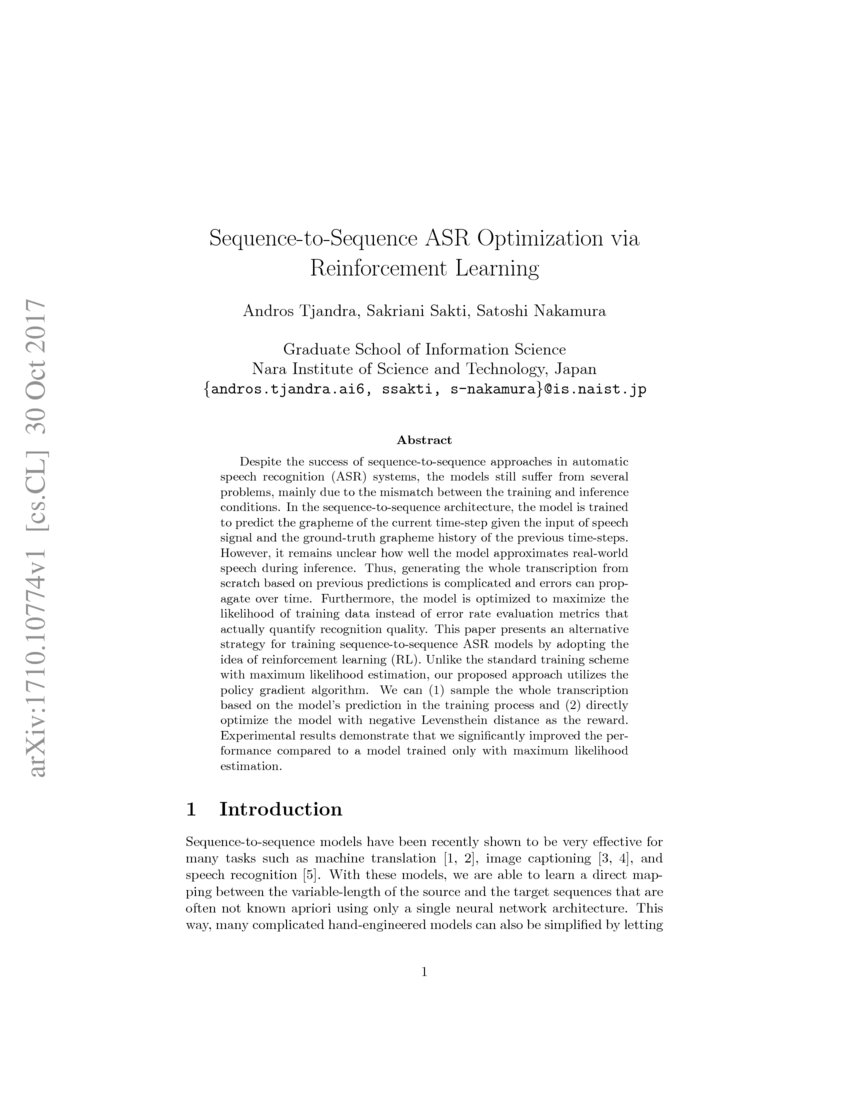 Sequence To Sequence Asr Optimization Via Reinforcement Learning Deepai 