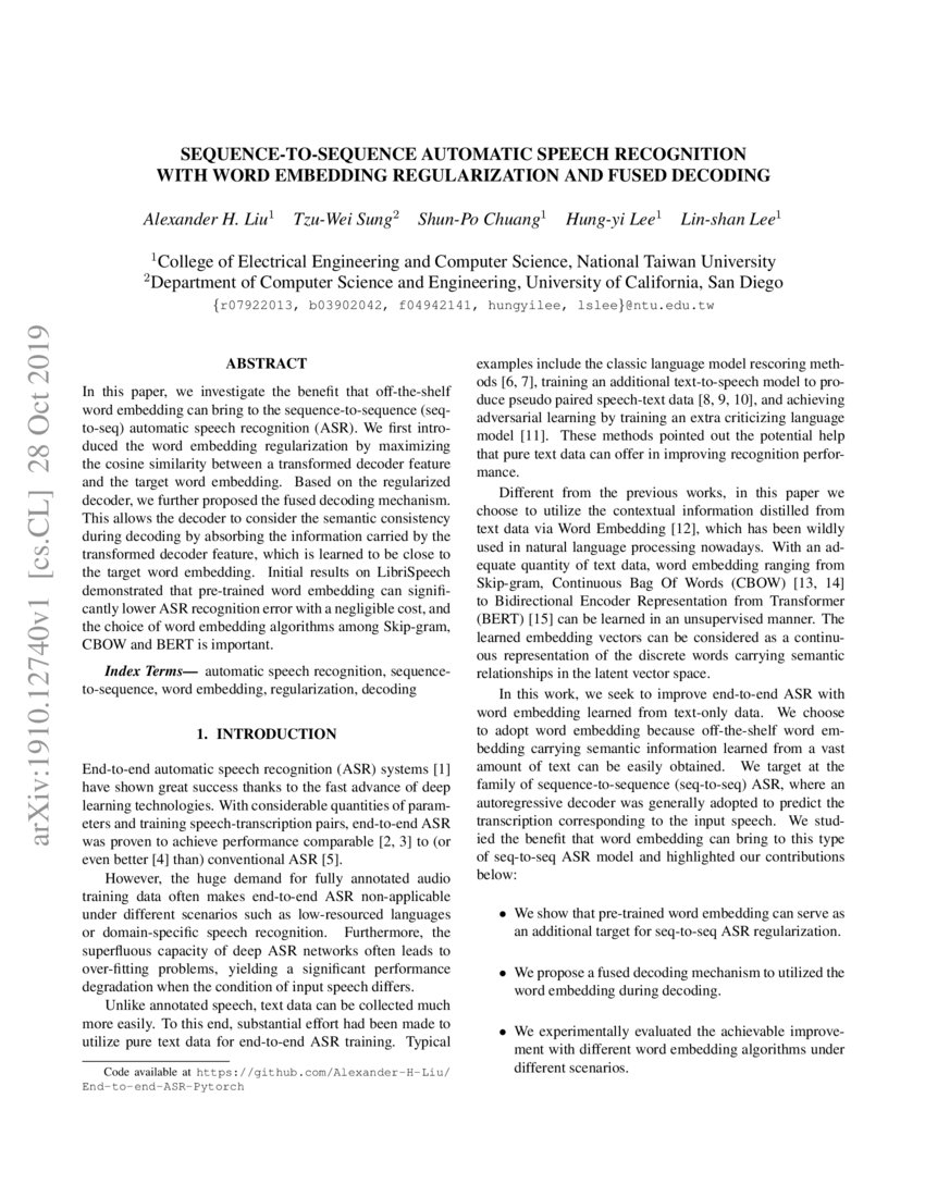 Sequence To Sequence Automatic Speech Recognition With Word Embedding Regularization And Fused 6975
