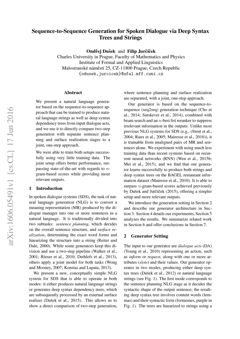 Sequence To Sequence Generation For Spoken Dialogue Via Deep Syntax Trees And Strings Deepai