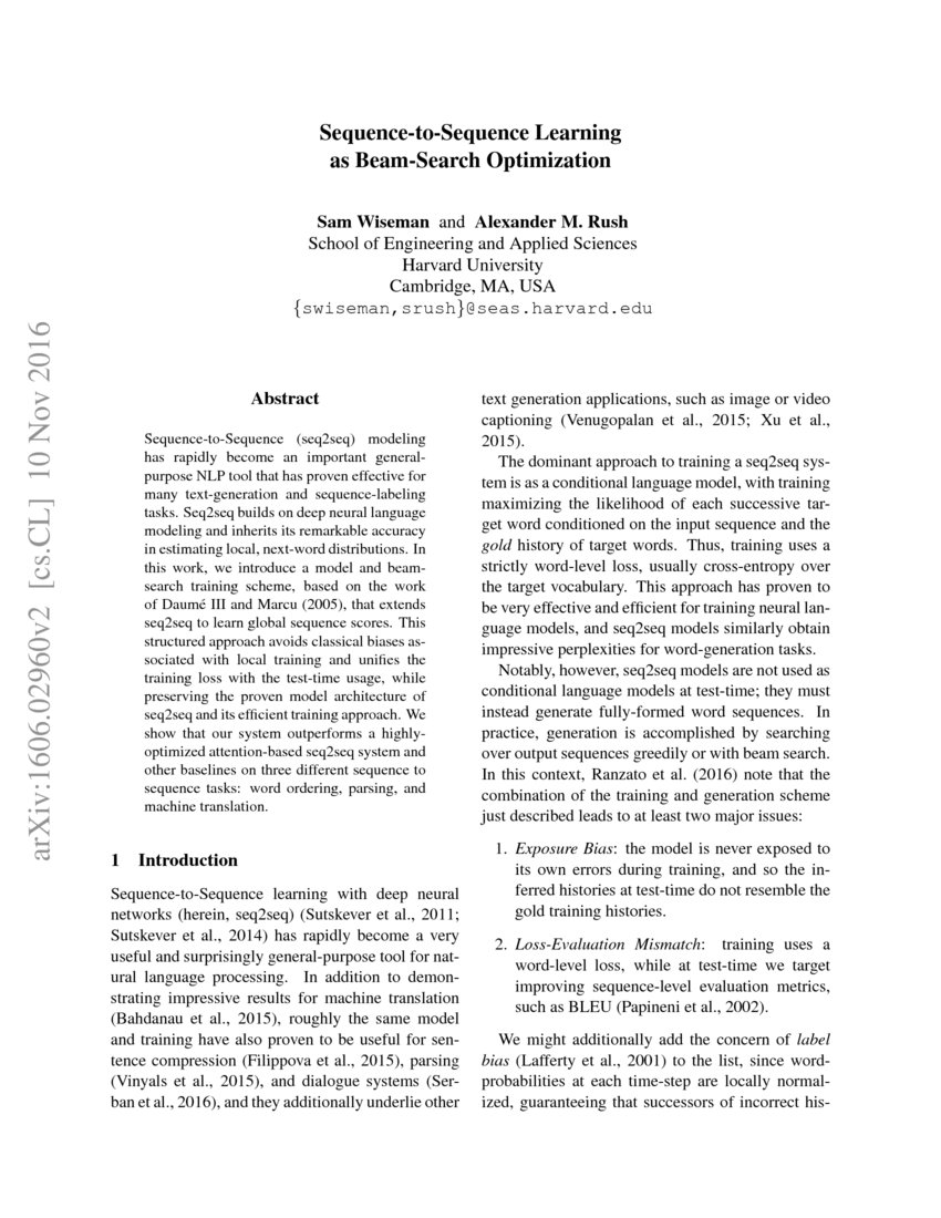Sequence-to-Sequence Learning as Beam-Search Optimization | DeepAI