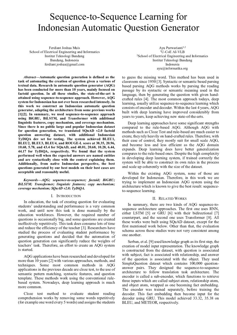 Sequence To Sequence Learning For Indonesian Automatic Question Generator Deepai