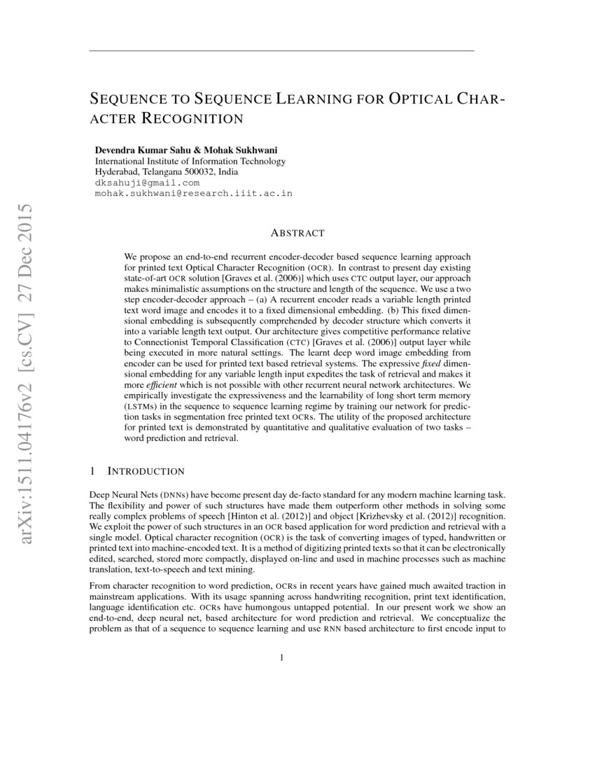 Sequence to Sequence Learning for Optical Character Recognition | DeepAI