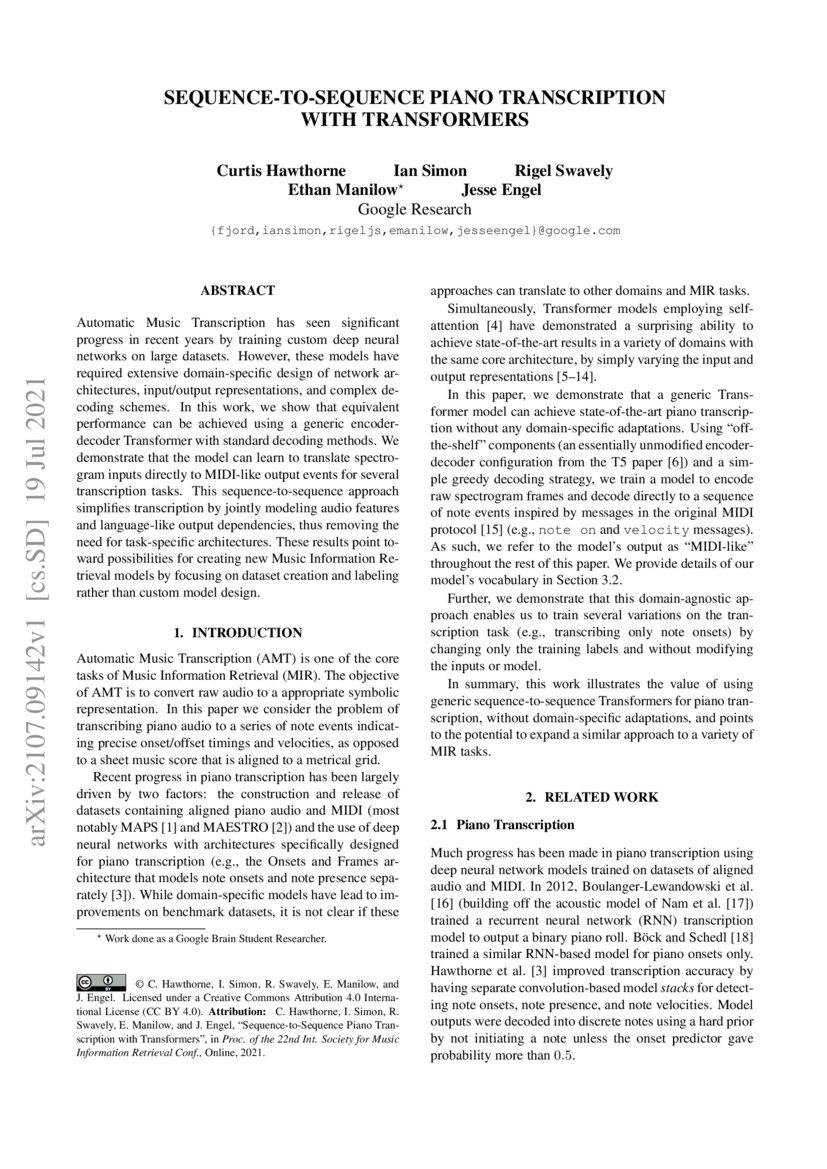 Sequence-to-Sequence Piano Transcription with Transformers | DeepAI