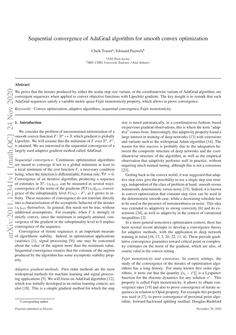 Sequential Convergence Of Adagrad Algorithm For Smooth Convex