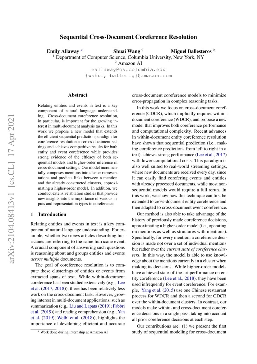 Sequential Cross-Document Coreference Resolution | DeepAI