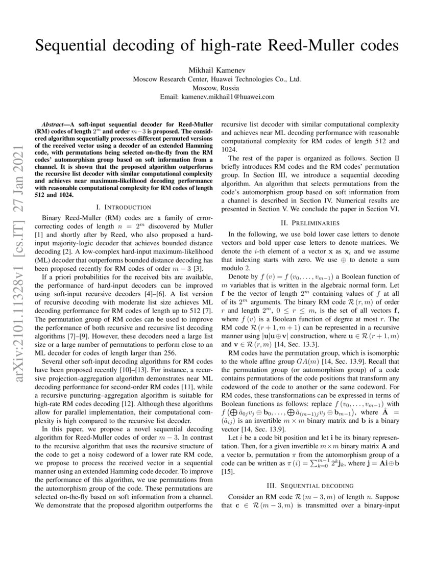 Sequential decoding of high-rate Reed-Muller codes | DeepAI