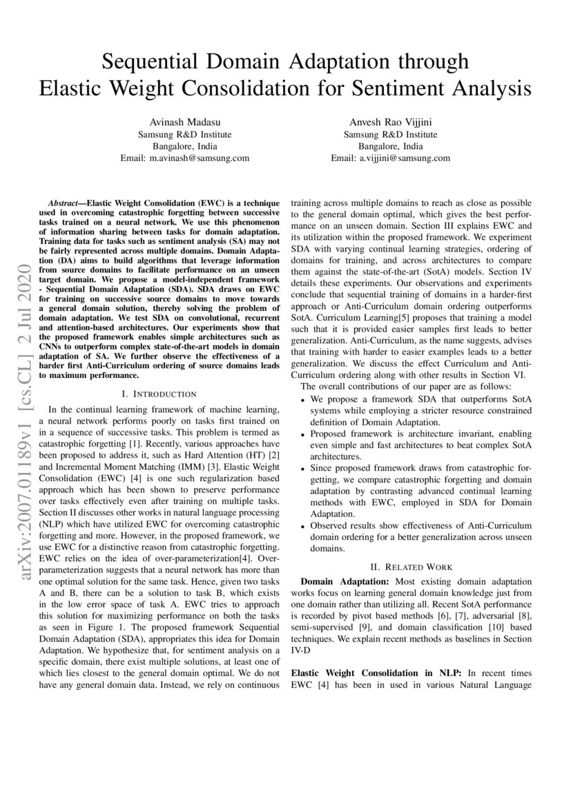 Sequential Domain Adaptation through Elastic Weight Consolidation for Sentiment Analysis | DeepAI