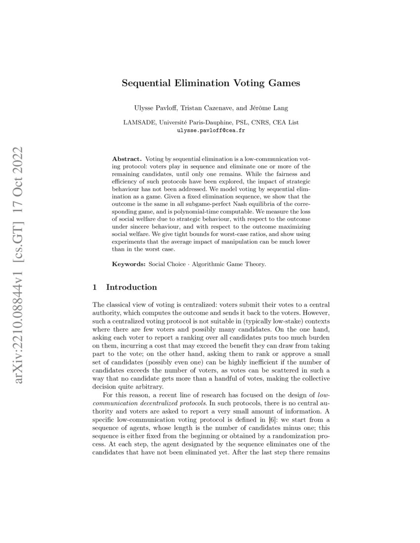 Sequential Elimination Voting Games | DeepAI