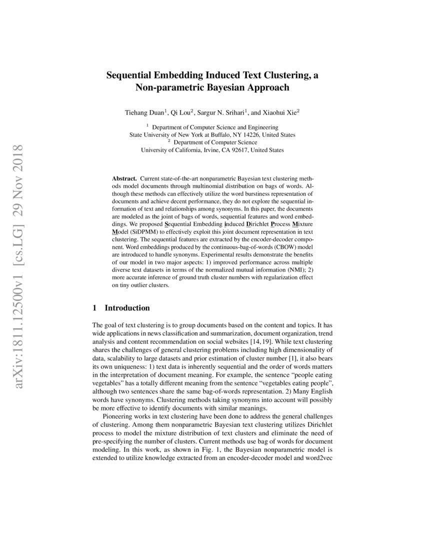 Sequential Embedding Induced Text Clustering, a Non-parametric Bayesian ... Sequential Embedding Induced Text Clustering, a Non-parametric Bayesian ...